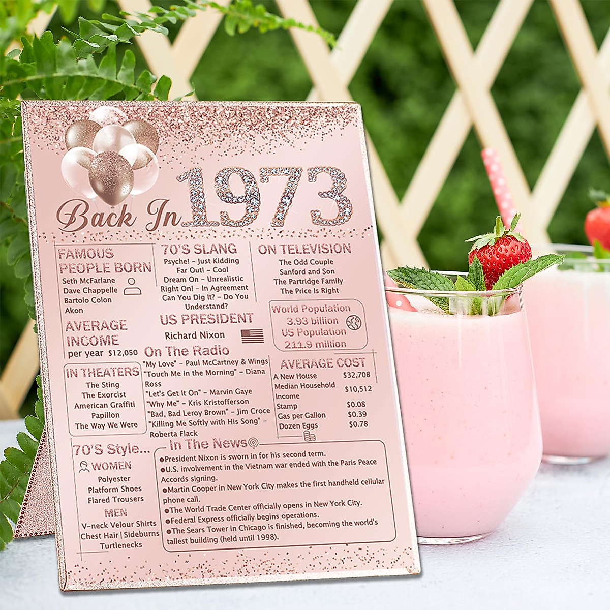 Vlipoeasn Pink 51st Birthday Anniversary Table Decoration 1973 Poster for Women, Rose Gold Back in 1973 Table Sign with Stand, 51 Year Old Birthday Party Centerpieces Gift Supplies