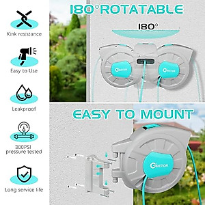 Bietor Garden Hose 115ft+6.5ft, Retractable Garden Hose Reel Flexible, Water Hose With Reel Automatic Rewind, Heavy Duty Garden Hose With 9 Patterns Spray Nozzle