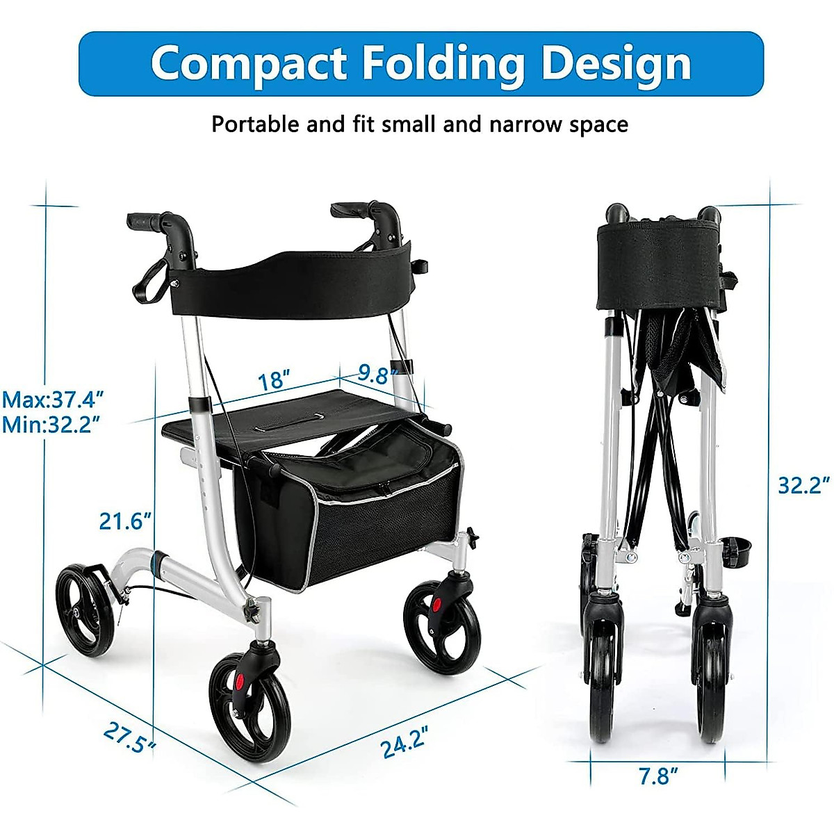 Healconnex Rollator Walkers for Seniors-Folding Rollator Walker with Seat and Four 8-inch Wheels-Medical Rollator，White