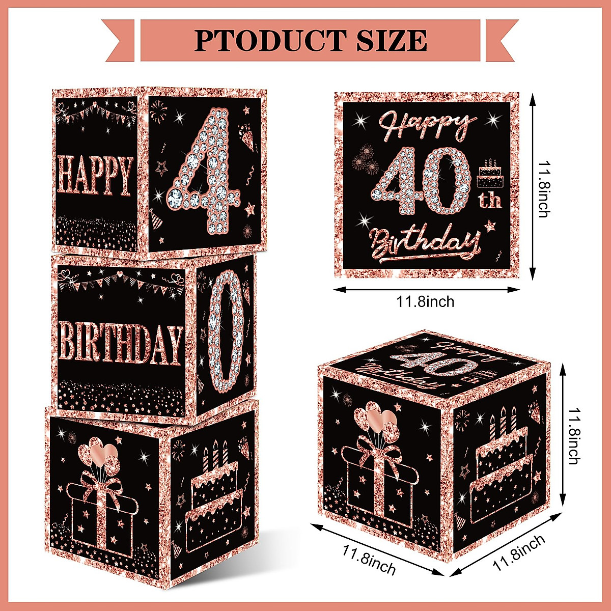 Eiurteao 3pcs 40th Birthday Decorations Boxes for Women, Rose Gold Happy 40 Birthday Balloons Boxes Party Supplies, Forty Bday Theme Cardboard Box Decor