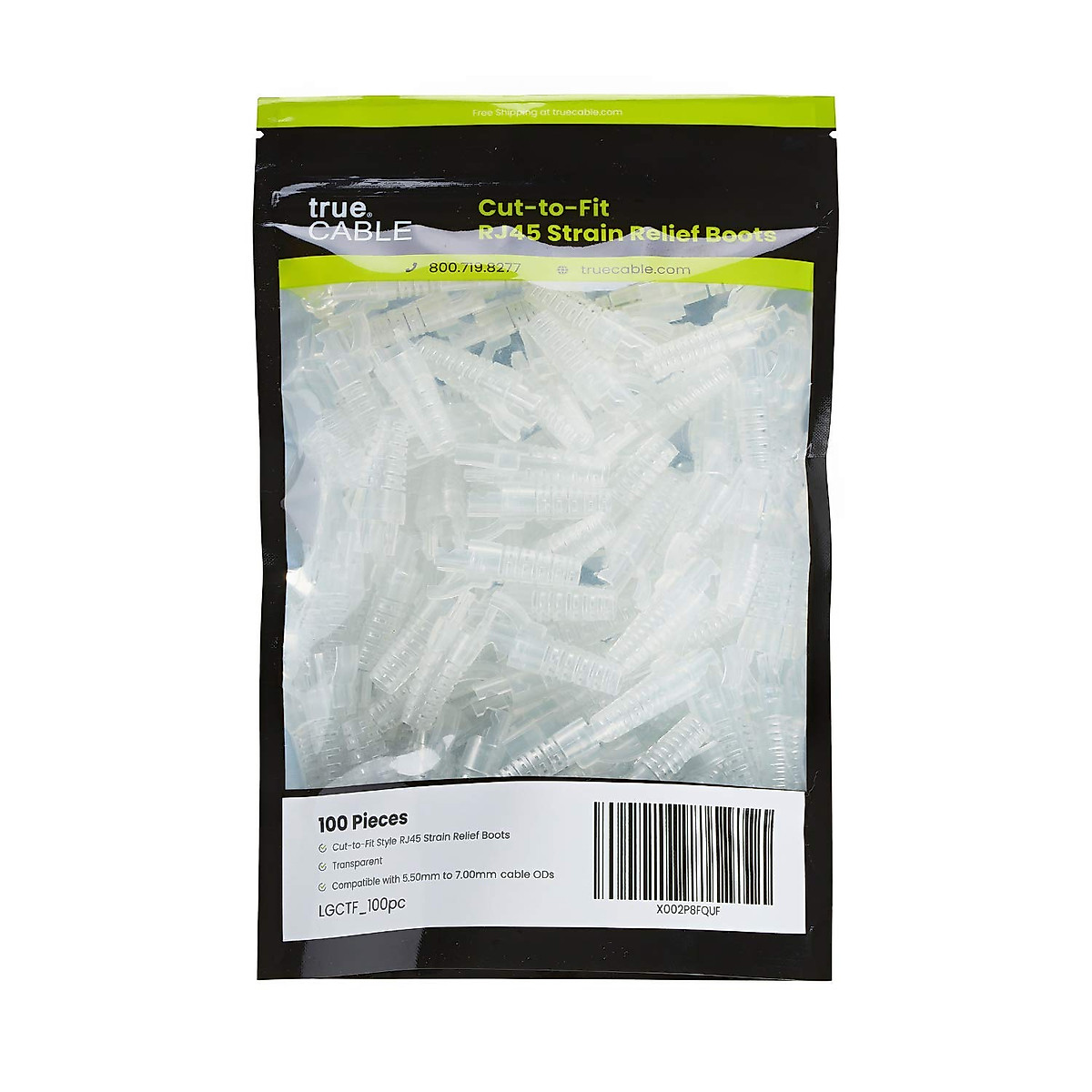 trueCABLE RJ45 Strain Relief Boots, Large 5.5 to 7.0mm Cut-to-Fit PVC Plug Cover, Transparent, 100 Pieces