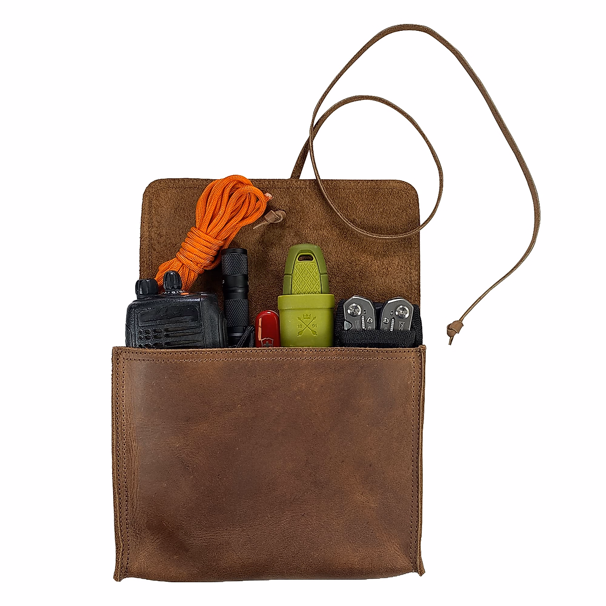 Saddle & Hide Co., Classic Organizer Bag with Strap, Multipurpose Pouch for Cosmetics, Wallets, Cellphones, Full Grain Leather, Handmade, Bourbon Brown