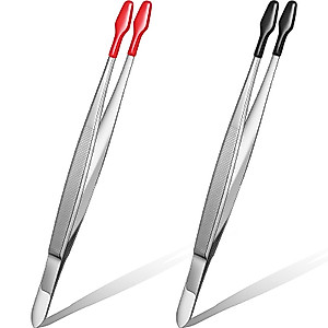 Lasnten 2 Pieces Rubber Tipped Tweezers Forceps Silicone Coated Soft Tweezers Rubber Tip Steel Forceps Non Marring Flat Tip Lab Industrial Hobby Craft Tweezers Tools, Black and Red Tip, 5.91 Inch