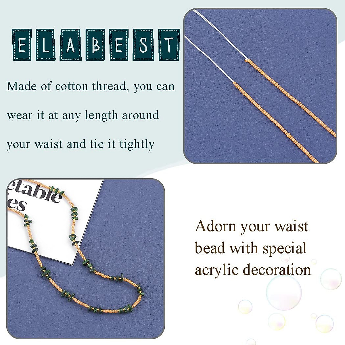 ELABEST 50inch Plus Size African Waist Beads Stone Belly Chain Non-Stretching Tie-on Bead Body Jewelry Accessories for Women and Girls (YZM-D4#)