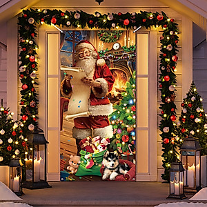 Zeyune Christmas Front Door Cover Merry Christmas Door Cover Decorations Holiday Background Vintage Santa Claus Fireplace Xmas Tree Door Backdrop Banner for Christmas Party Supplies, 70.9" x 35.4"