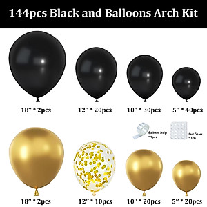144pcs Black and Gold Balloons Arch Kit, Black Gold Confetti Balloons for Birthday Graduation Retirement anniversary Party Decorations Balloon Garland Kit for New Years Eve Decor