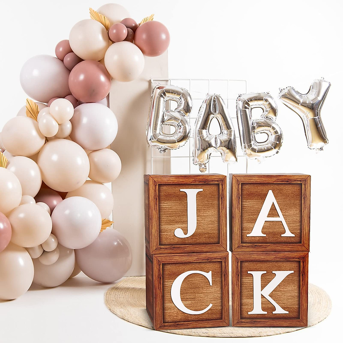Baby Shower Decorations Boxes with 27 letters - 4 Wood Grain Brown Blocks with 27 Letters, First Birthday Centerpiece Decor, Teddy Bear Baby Shower Supplies, Gender Reveal Backdrop