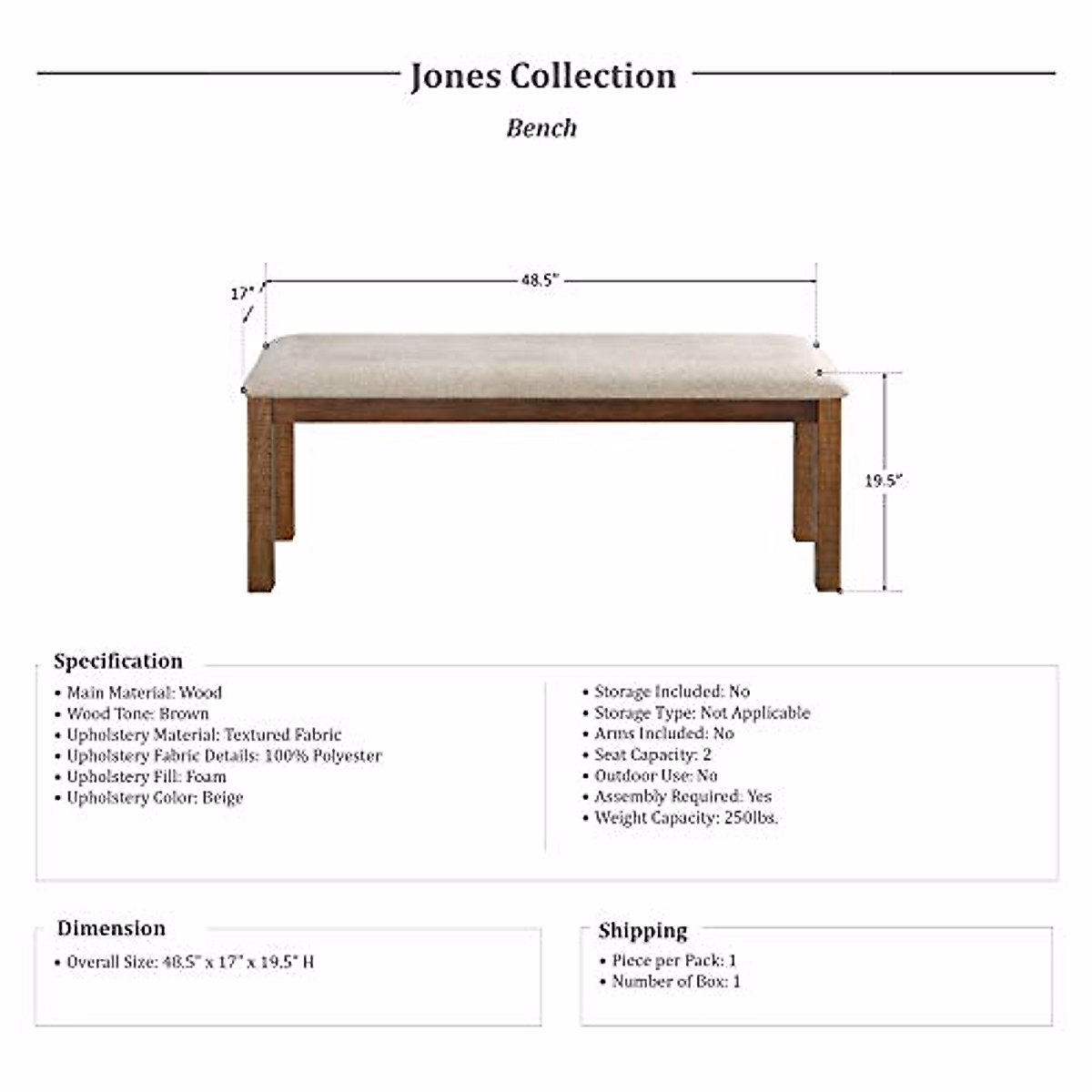 Lexicon Jones Dining Bench, Brown