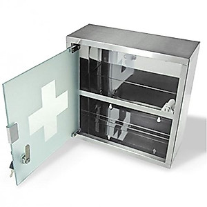 Medical Cabinet First Aid Locking Door and 2 Shelves for Medicine & Bandages, Made of Stainless Steel & frosted Glass. Wall Mount Storage Container 12 x 5 x 5 inch.