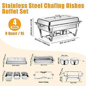 4 Pack Stainless Steel Chafing Dish Buffet Set 8 QT Chafer Dish with 3 1/3 Size Chafing Food Pans Rectangular Catering Warmer Set with Water Pan for Buffet Wedding Parties Banquets Catering Events