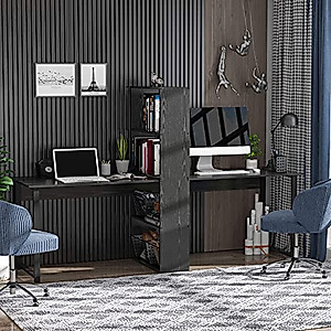 HOMCOM 88" Extra Long 2-Person Computer Desk with Storage Shelves Combo, Double Workstation Storage Study Writing Table for Home Office, Bookshelf, Black