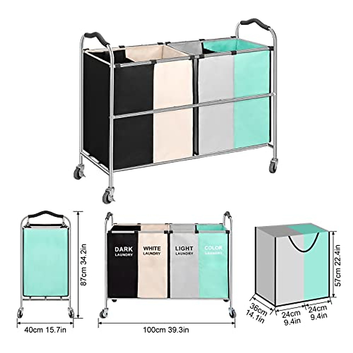 320L Laundry Basket Sorter, 4 Section Laundry Hamper Bag Closet Storage Organizer for Dirty Clothes in Laundry Room Bedroom Storage Organization (4-Section GREEN)
