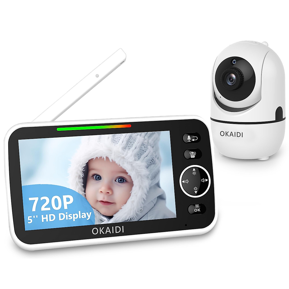 OKAIDI 5" HD Baby Monitor with Camera and Audio, 720P Display Baby Monitor, 5000mAh Battery, Remote Pan-Tilt, 3X Zoom, Night Vision, 2-Way Talk, Temperature,Lullabies,1000ft Range Baby Monitor No WiFi
