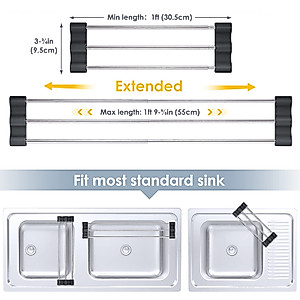 Tomorotec Adjustable Over-The-Sink Kitchen Rack for Dishcloths, Sponges, Bottles and Brushes - Heat-Resistant Stainless Steel with Slim, Expandable Design and Multifunctional Silicone Holder