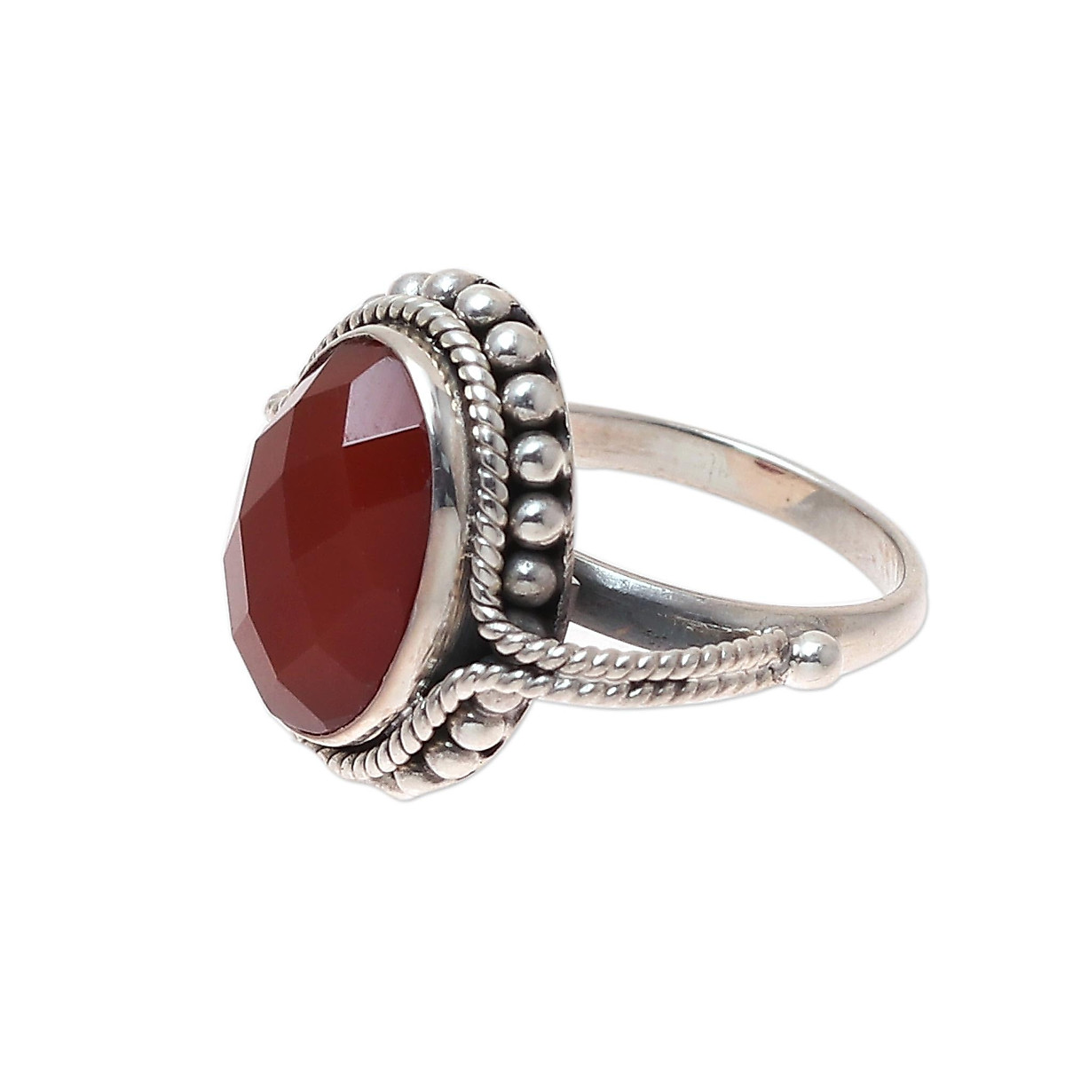 NOVICA Artisan Handmade Carnelian Cocktail Ring Artisan Crafted Sterling Silver Jewelry Red Single Stone India Marsala Birthstone [crownbezel 0.8 in L x 0.7 in W x 0.3 in H Band Width 2 mm W] ' Sun