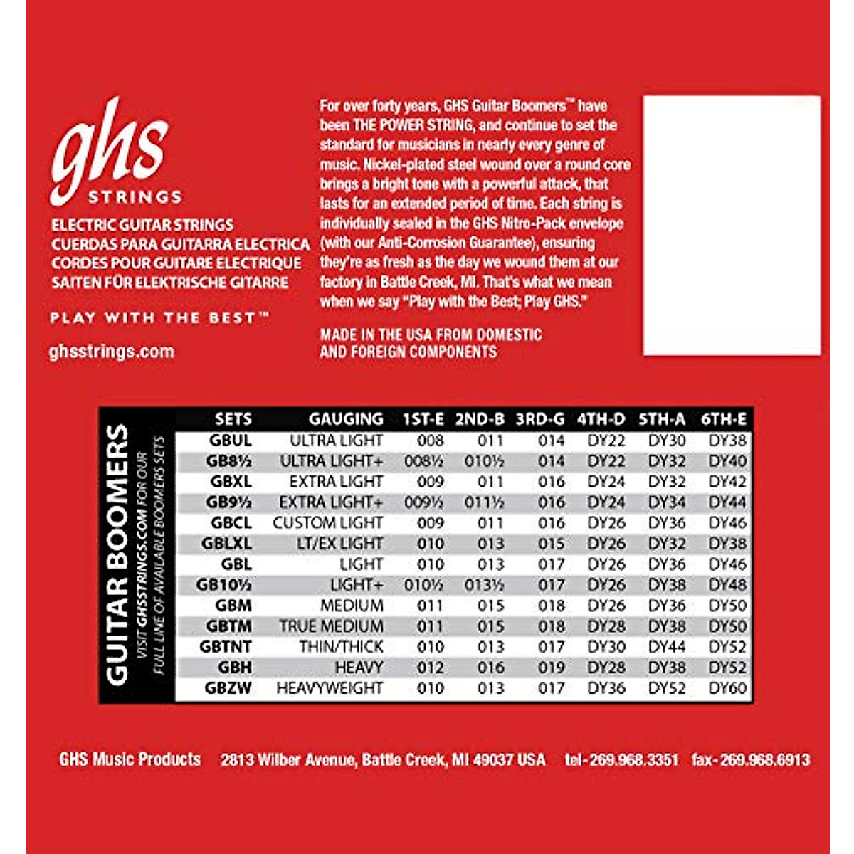 GHS Strings GBZW Boomers, Nickel-Plated Electric Guitar Strings, Heavyweight (.010-.060)