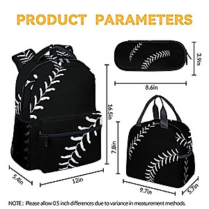 XaocNyx Baseball Backpack with Lunch Box and Pencil Case Set, 3 in 1 Matching Boys Black Backpacks Combo, Cool Bookbag and Pencil Case Bundle