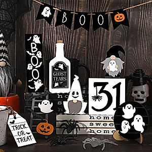Halloween Tiered Tray Decoration Set Halloween Farmhouse Decor Boo Happy Halloween Wooden Signs Farmhouse Rustic Tiered Tray Decor Items for Home Table Houseroom(Ghost Style, 12 Pcs)