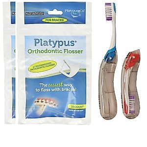 Platypus Ortho Flossers (2 Packs of 30) & Travel Ortho Toothbrush (with Ortho Folding Toothbrush)