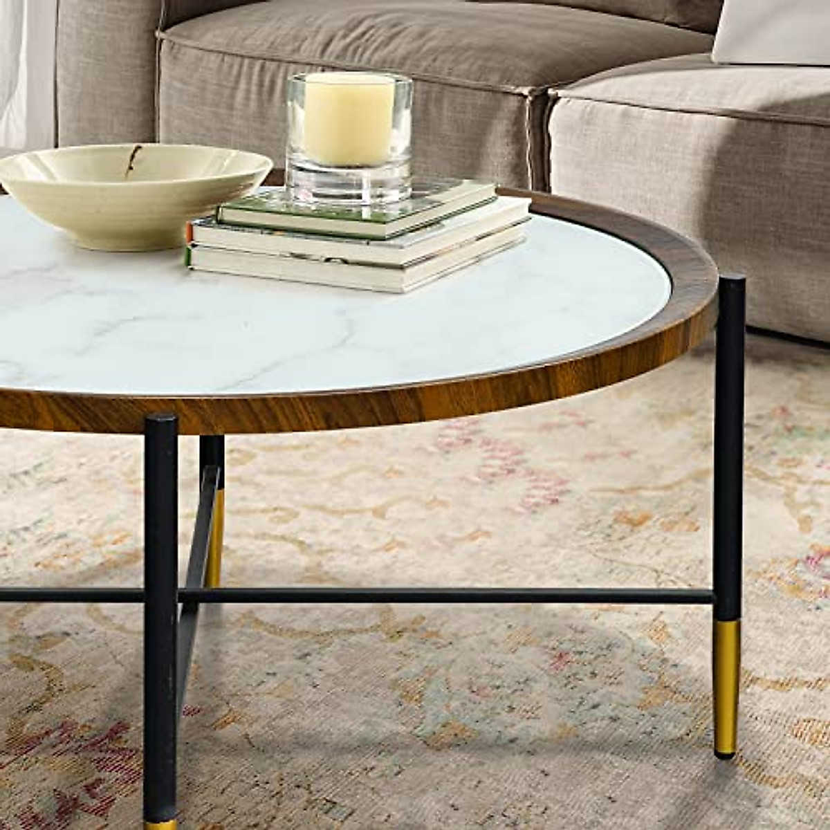 Round Coffee Table, 35in Modern Living Room Accent Side Tea Table with Marbling Glass Top, Black Gold Metal Legs Industrial Sofa Center Table for Dining Room with Wood Top Frame