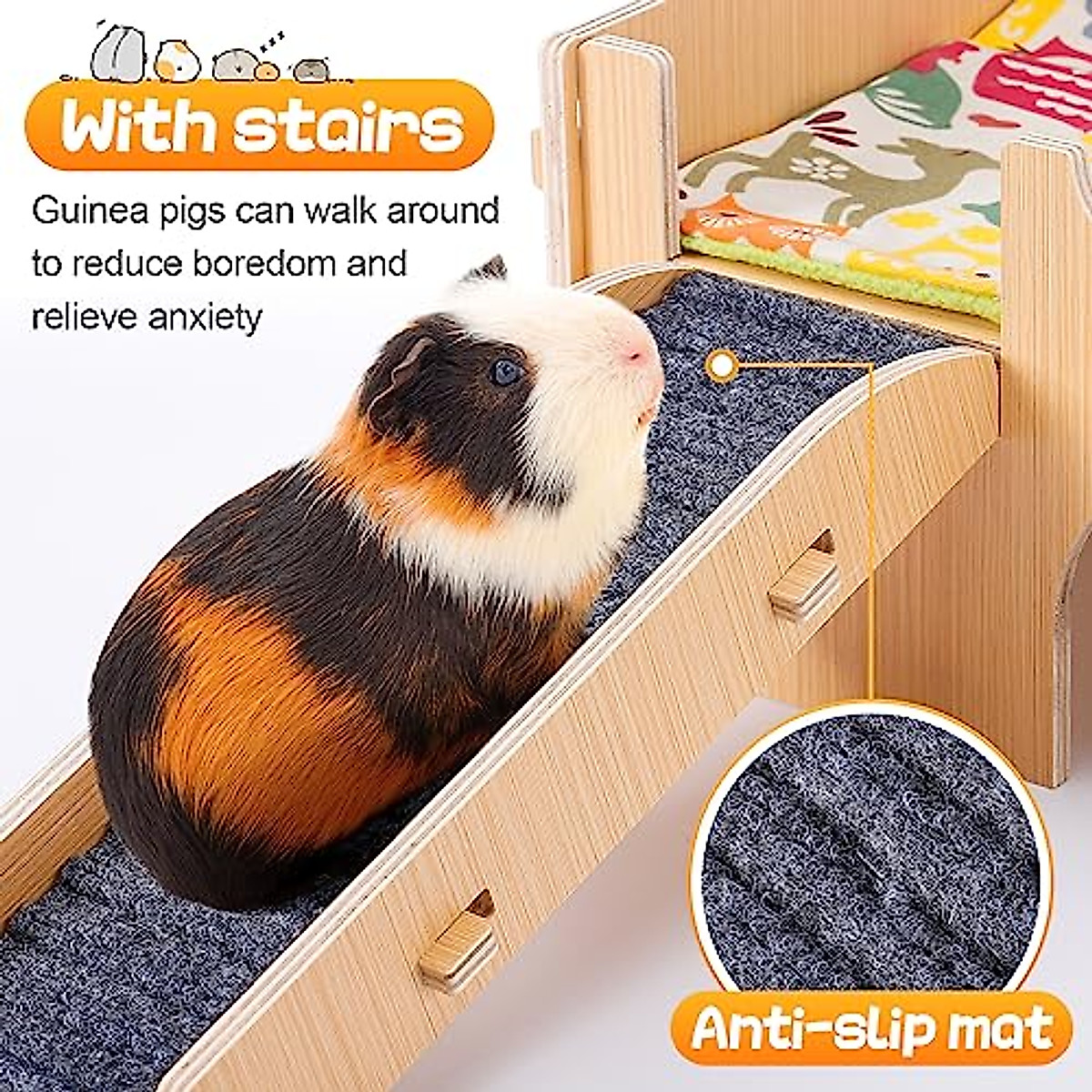 Guinea Pig Castle, Wooden Guinea Pig Hideout with Cave Stairs & Mat, Small Animal House Bed Hut Habitats for Hamsters Bunny Chinchillas Playing Sleeping Hiding