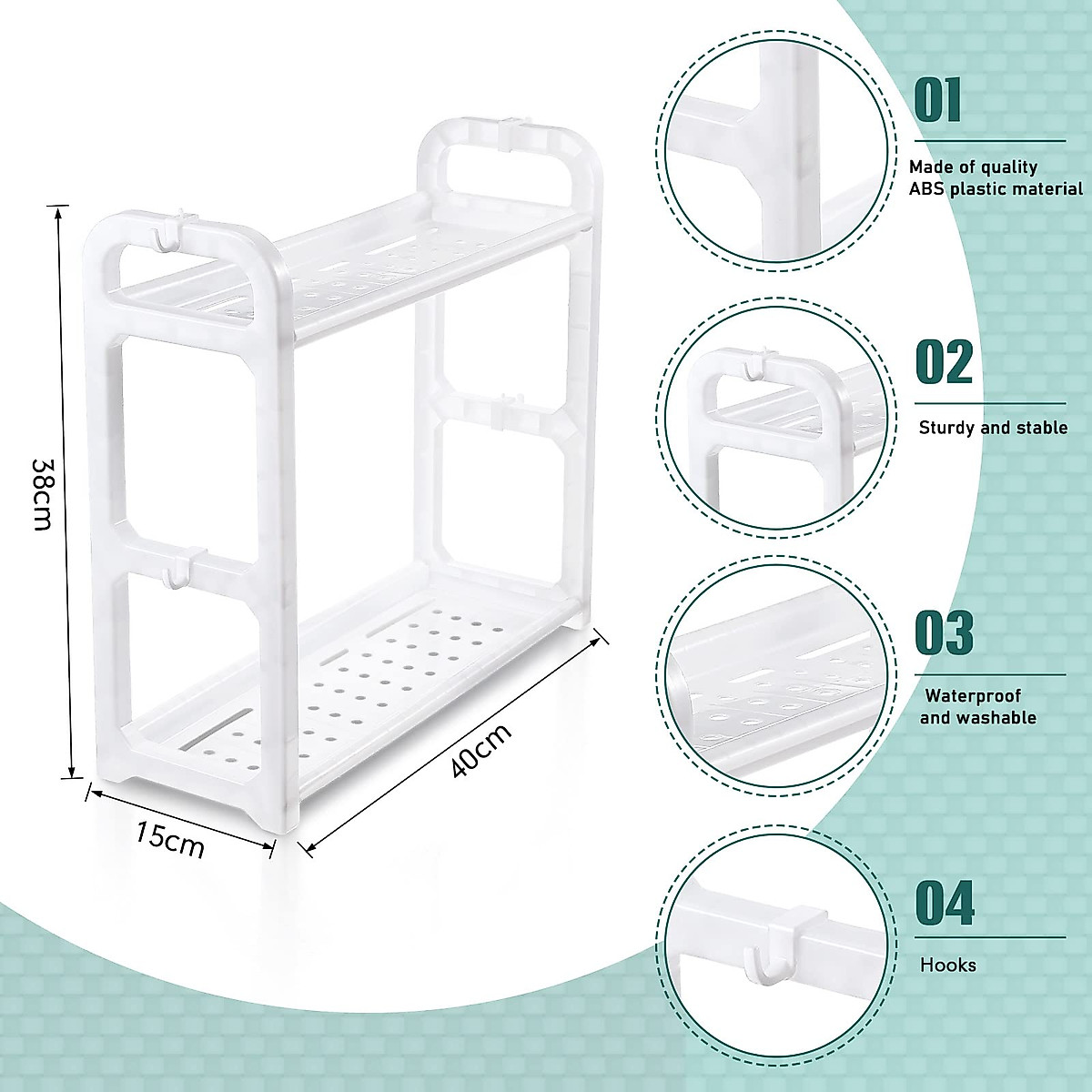 4 Pcs Under Sink Organizer and Storage 2 Tier Bathroom Cabinet Organizer Plastic Standing Rack Multi Purpose Kitchen Countertop Organizer Collection Baskets with Handle Hook for Cabinet Laundry, White
