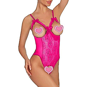 Women Sexy Teddy Lingerie One Piece Lace Babydoll Bodysuit Nightie Plus Size S-3XL (X-Large, Rose Red)
