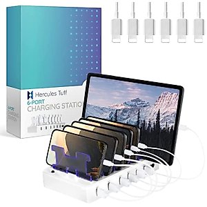 Hercules Tuff Charging Station for Multiple Devices - 6 USB Ports, Compatible with Cell Phones, Smart Phones, Tablets, and Other Electronics - White Elephant Gifts, Stocking Stuffers - White
