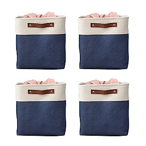 Jossens 11 Inch Fabric Baskets with Leather Handles,Foldable Cubes Storage Bins Set of 4 for Cube Organizer Home Toy Nursery Closet Bedroom (blue)