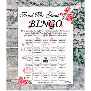 Floral Roses Find The Guest Bingo Game, Wedding, Bridal Shower, Bachelorette or Engagement Party Game, Event Activities Play Pack of 50 Cards 5”x7” Made in USA