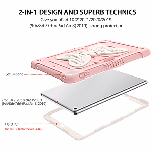 DUEDUE for iPad 10.2 9th/8th/7th Generation Case 2021/2020/2019, Butterfly Wings Kickstand with Pencil Holder Heavy Duty Rugged Shockproof Case for New Apple iPad Air 3 10.5, Beige/Pink