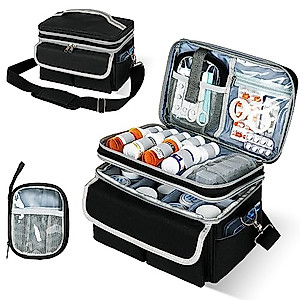RONCHIL Medicine Storage Bag Pill Bottle Organizer with Portable Small Pouch Travel Medication Bottle Organizer for Emergency Home First Aid Box Kit Empty with Shoulder Strap Black