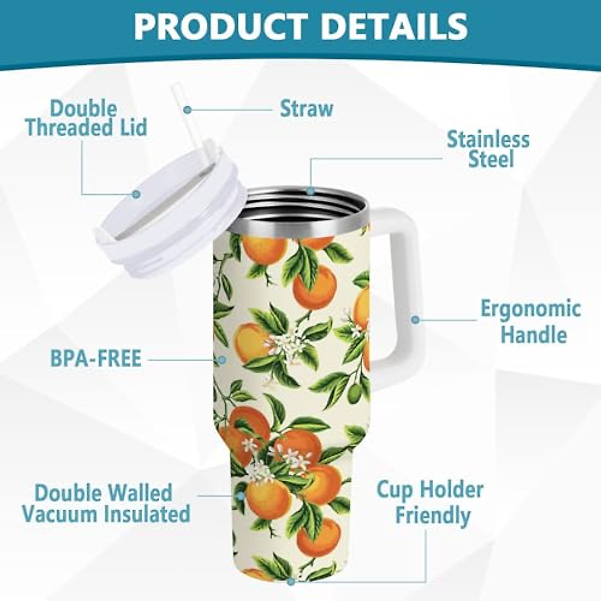 ZZXXB Orange Florals Insulated Stainless Steel Water Bottle with Handle and Straw Lid Double Walled Travel Mug 40 oz