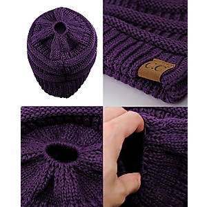 C.C BeanieTail Soft Stretch Cable Knit Messy High Bun Ponytail Beanie Hat, Purple