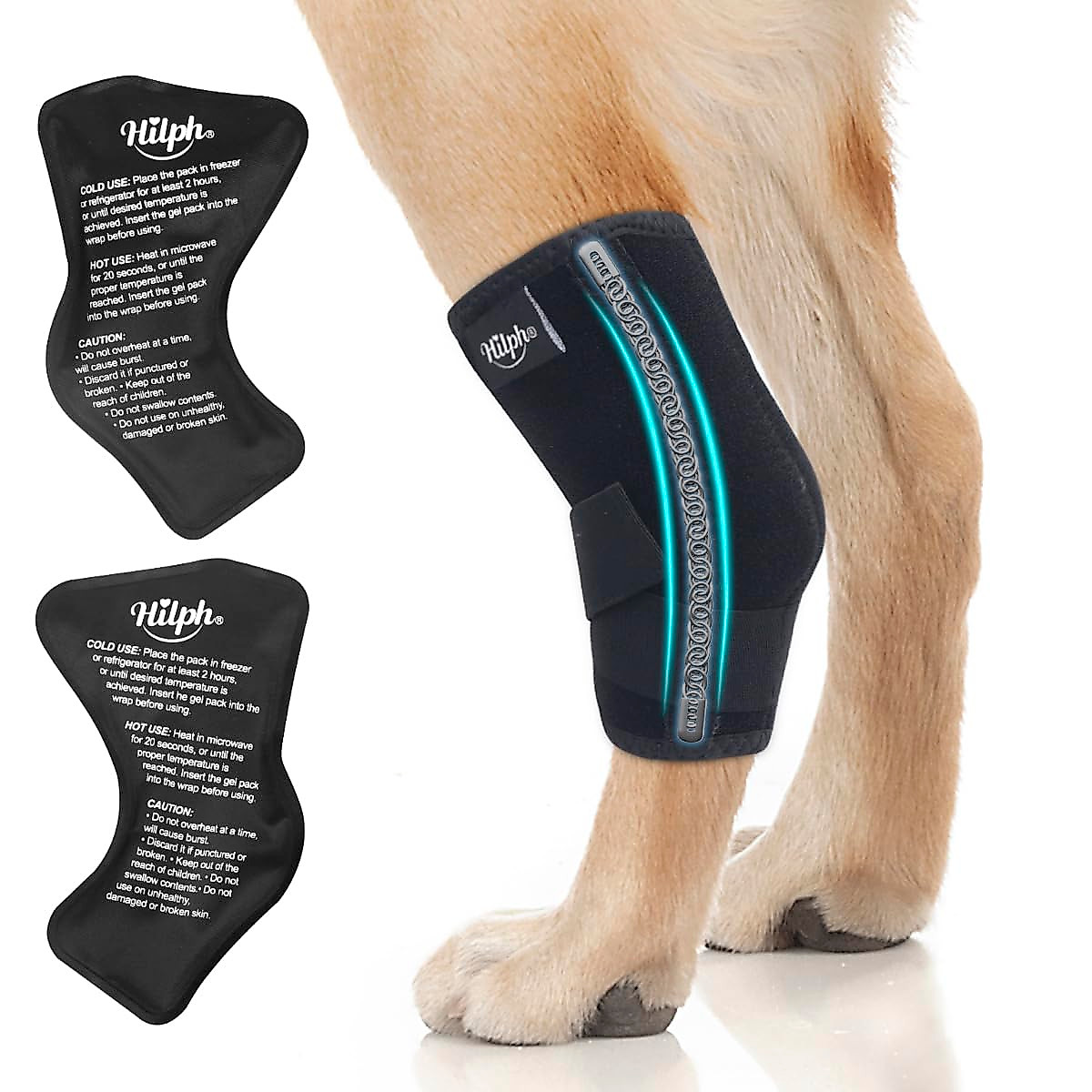 Hilph Rear Leg Hock Brace with Metal Spring Strips and 2 Ice Packs, Dog Leg Brace Hot Cold Compression for Rear Leg, Hock Ankle Support, Injuires, Joint Pain, Sprain and Post Surgery Recovery (M)