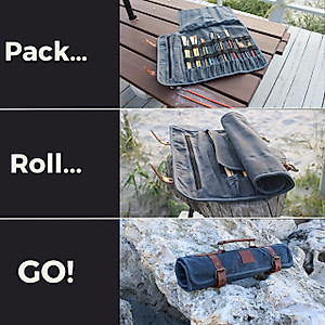 Earth & Fiber Co. Waxed canvas paint brush holder - Art bag for painting, drawing & art supplies - Painting supplies and art supplies for adults - Art storage roll bag for artists (blue)