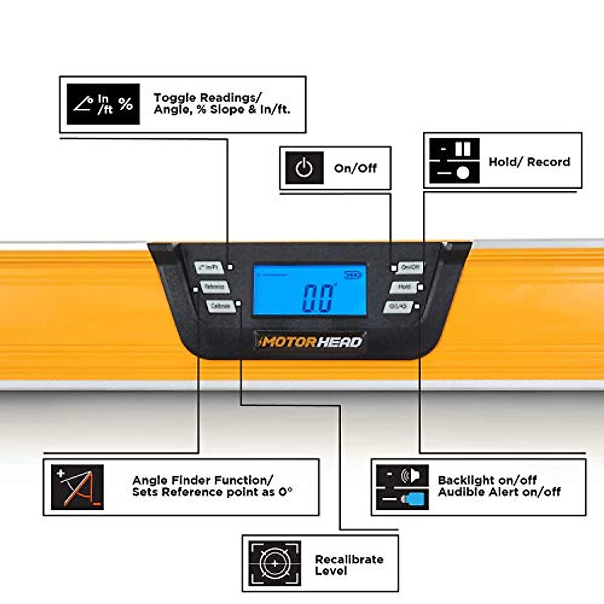 MOTORHEAD 48-Inch 0°-360° SMART DIGITAL Level, LCD Screen, Audible Alerts, Water, Dust & Shock Resistant, Magnetic Bottom, Includes Bag, High-Visibility, Solid-Milled Aluminum, USA-Based Support