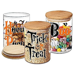 Halloween Decor 3 Pack Glass Storage Jars with Airtight Bamboo Lid - Hocus Pocus Canisters Sets for Kitchen Countertop - Clear Halloween Glass Storage Jars for Coffee Bean, Cookie, Candy, Tea, Flour