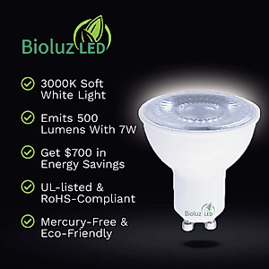 Bioluz LED 6 Pack GU10 LED Bulbs Dimmable 3000K Indoor Outdoor 50 Watt Halogen Bulb Replacement 500 Lumen UL Listed