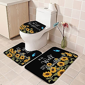 Fancyine 3 Pieces Bath Rugs Sets Rustic Art Farm Sunflowers with Butterfly Soft Non-Slip Absorbent Toilet Seat Cover U-Shaped Toilet Mat for Bathroom Decor Black