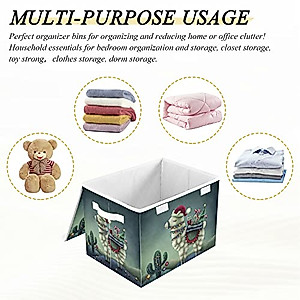 innewgogo Cute Llama in Santa Hat Storage Bins with Lids for Organizing Large Collapsible Storage Bins with Handles Oxford Cloth Storage Cube Box for Toys