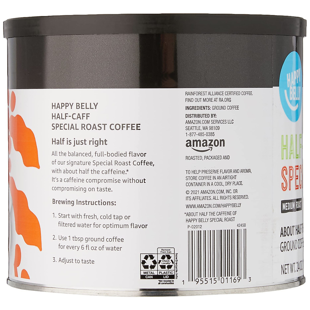 Amazon Brand - Happy Belly Half Caffeine Canister Coffee, Medium Roast, 24 Ounce