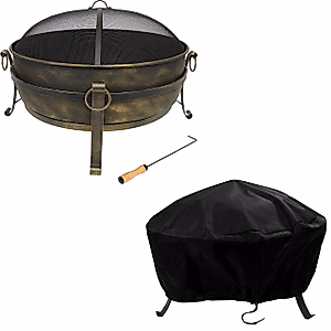 Sunnydaze 34" Cauldron Outdoor Fire Pit with Round Spark Screen, Fireplace Poker, and Metal Grate and Black 300D Polyester and PVC 36" Diameter Outdoor Round Fire Pit Cover Bundle