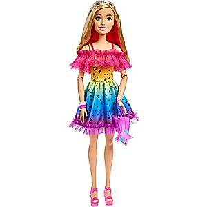 Barbie Large Doll with Blond Hair, 28 Inches Tall, Rainbow Dress and Styling Accessories Including Shooting Star Handbag