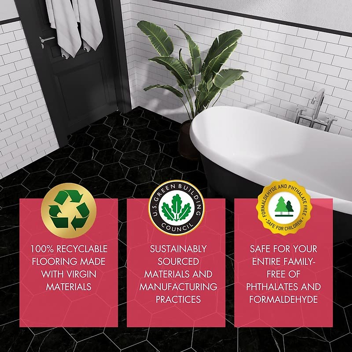 BaseCore HEX Hexagon Vinyl Flooring Black Marble 5.75" DIY Self Adhesive Textured Modern Floor Tile Peel & Stick Tile (36pcs/21.5sqft per case)