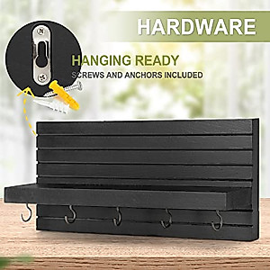 Decorative Key Holder for Wall with Shelf, Entryway Shelf with Hooks Holds Leashes, Jackets and Glasses – Sturdy Wood Keyholder Entrance Hanger with Mounting Hardware (11.8” x 5.5” x 3.1”) (Black)