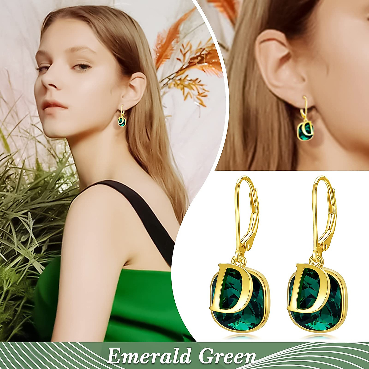 Emerald Green Earrings with D Initial Letter Dangle Drop Earrings with Gold Tone Birthstone Earrings Birthday Jewelry Gifts for Women Friends