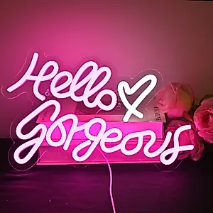 ineonlife Pink Hello Gorgeous Neon Signs, LED Light Up Sign for Cute Girls Bedroom Room Wall Decor for Bachelorette Birthday Engagement Party Wedding Decoration with Switch (16.5"X10" / USB POWER) (Pink)