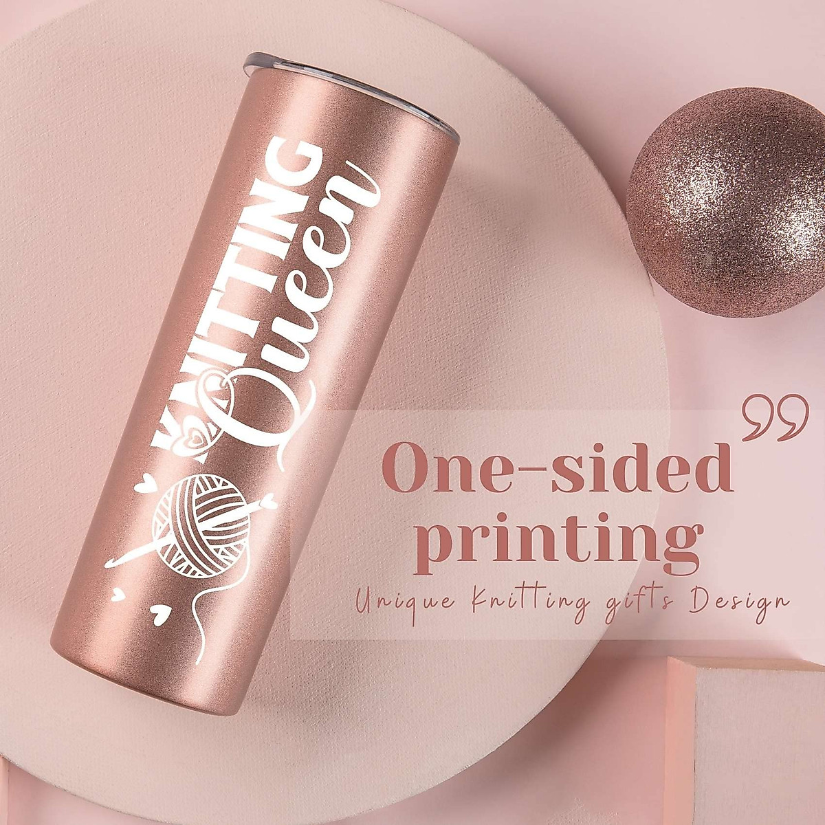 Onebttl Knitting Gifts for Women, Crochet Lovers - Knitting Queen - 20oz/590ml Stainless Steel Insulated Tumbler with Straw & Lid, Crochet Gift for Birthday, Christmas (Rose gold)