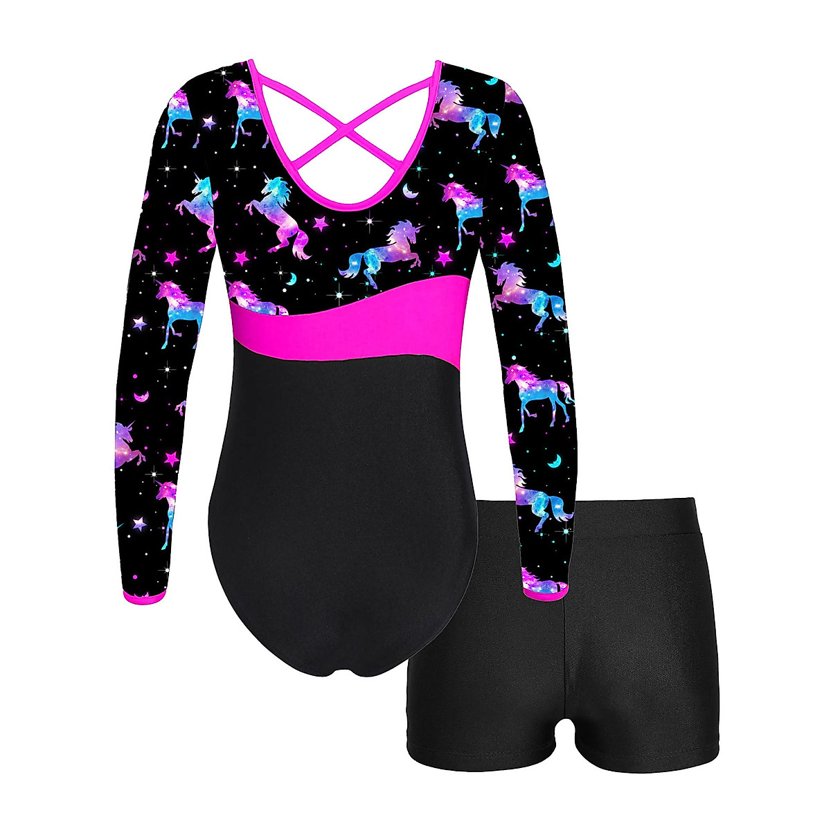 YONGHS Kids Girls Long Sleeve Ballet Dance Leotard with Workout Shorts Gymnastics Unitard Dancewear Night Pegasus 6 Years